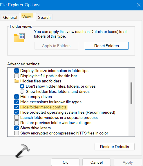 Bật/tắt xung đột hợp nhất thư mục trong Windows 11 - โลกแห่งกี๊ก
